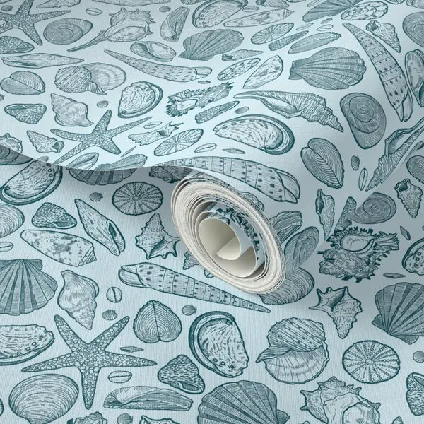 Spoonflower Seashells Monochromatic Medium Scale Line Art Custom Pre-pasted Wallpaper - Blue