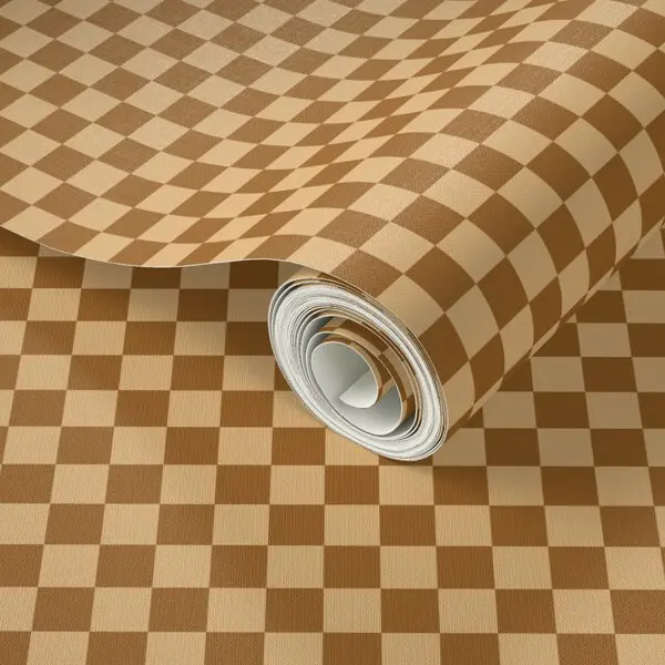 Spoonflower Vintage Retro Warm 70s Checkered Chocolate Custom Pre-pasted Wallpaper - Brown