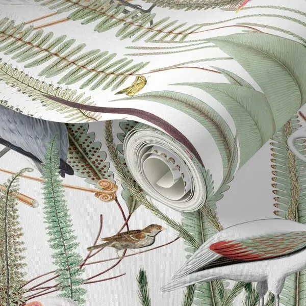 Spoonflower Leaves Birds Flamingo Marsh Ferns Nautical Crane Custom Pre-pasted Wallpaper - White