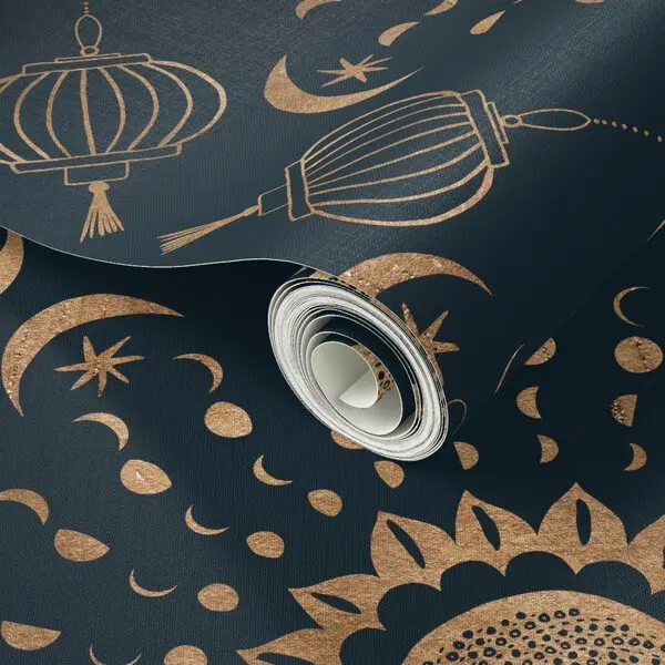 Spoonflower Lunar Year Large Flower Black Gold Sun Lanterns Custom Pre-pasted Wallpaper - Gray,gold,blue
