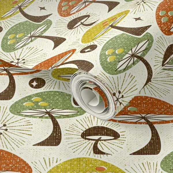 Spoonflower Autumn Mushrooms Custom Pre-pasted Wallpaper - Beige,brown,sage