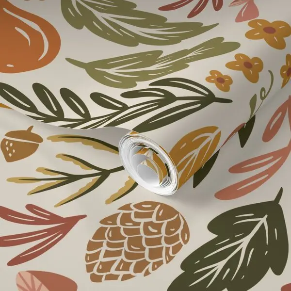 Spoonflower Autumn Botanicals Leaves Acorns Sunflowers Ferns Custom Pre-pasted Wallpaper