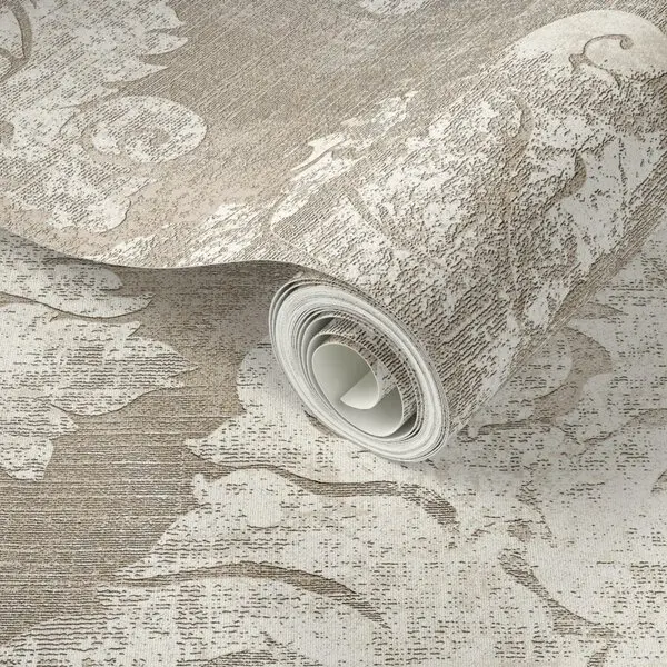 Spoonflower Antique Damask Beige Classic Distressed Vintage Custom Pre-pasted Wallpaper - Brown,beige,gray