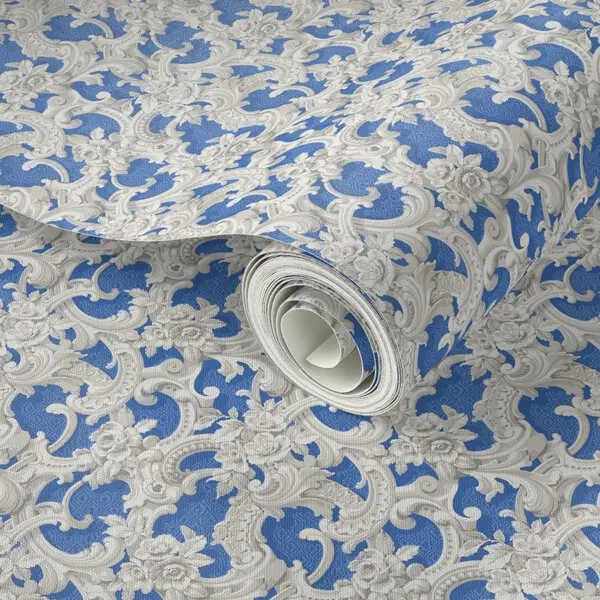 Spoonflower Rococo Damask Historical Scrolls Ornate Royalty Custom Pre-pasted Wallpaper - Sage,blue,gray
