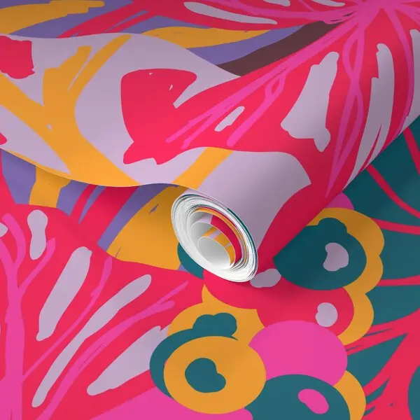 Spoonflower Preppy Jungle Tropical Hawaiian Bohemian Botanical Custom Pre-pasted Wallpaper - Maroon