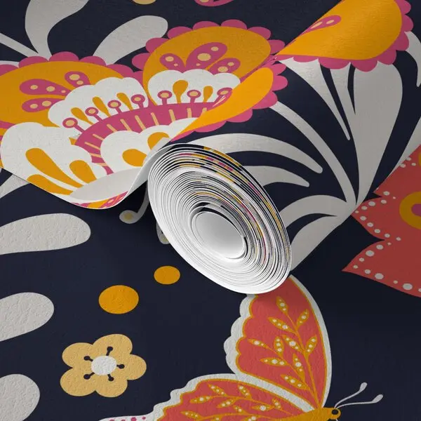 Spoonflower Maximalist Folk Garden Blue Pink Butterfly Floral Traditional Wallpaper - Blue,orange,gray