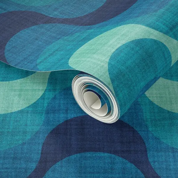Spoonflower Groovy Waves Blue Wavy Retro Stripes 70s Hippie Custom Pre-pasted Wallpaper