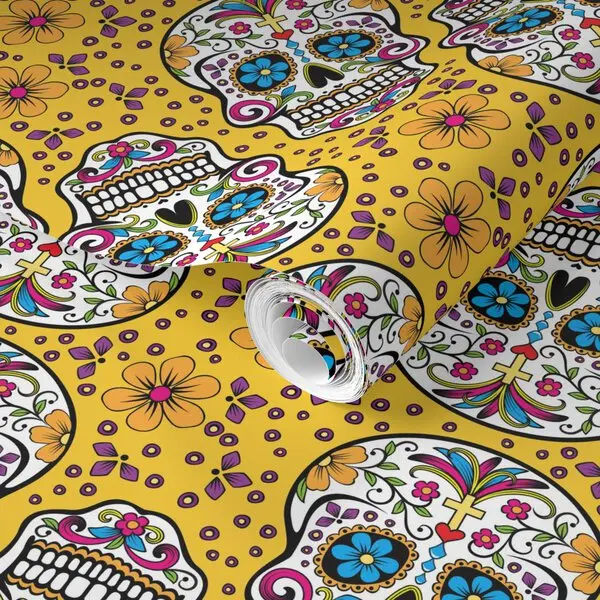 Spoonflower Candy Skull Sugar Day Of The Dead Halloween Dias Custom Removable Wallpaper - Brown,blue,gray
