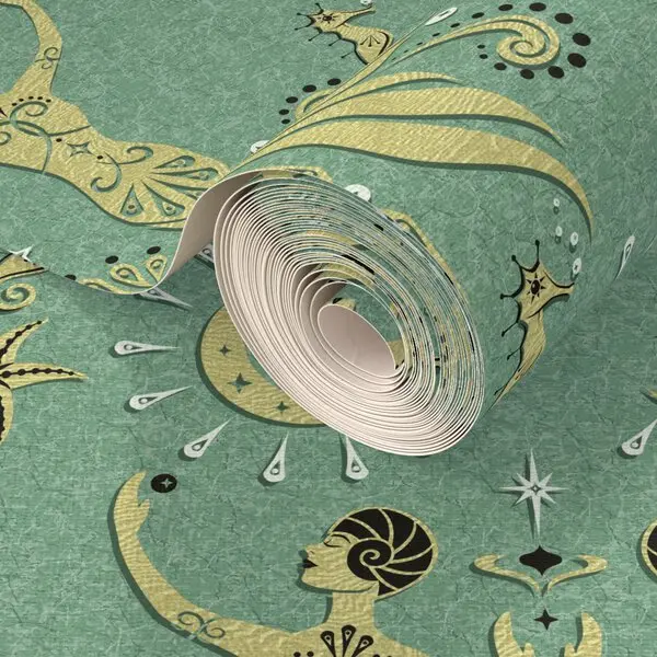 Spoonflower Art Deco Mermaids Moonlight Mint Vintage Marble 100% Natural Sisal Grasscloth Wallcovering - Green,gold,mint