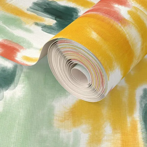 Spoonflower Abstract Watercolor Ikat Peach Painted Salmon 100% Natural Sisal Grasscloth Wallcovering - Green,yellow