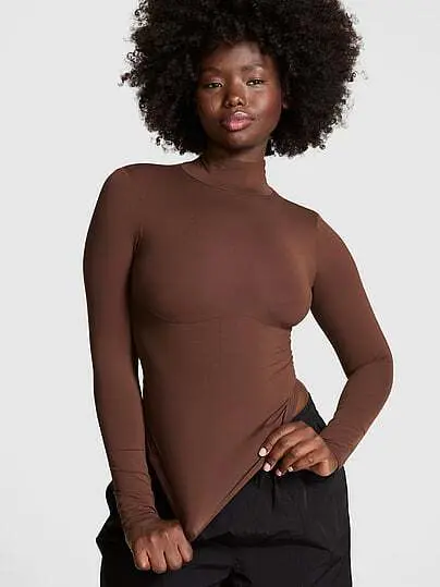 Pink Stretch Mock-neck Long-sleeve Top - Brown