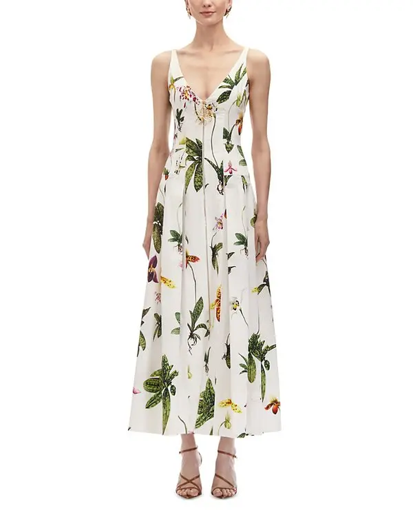 Oscar De La Renta Orchid Print Zip Front Dress - White Multi