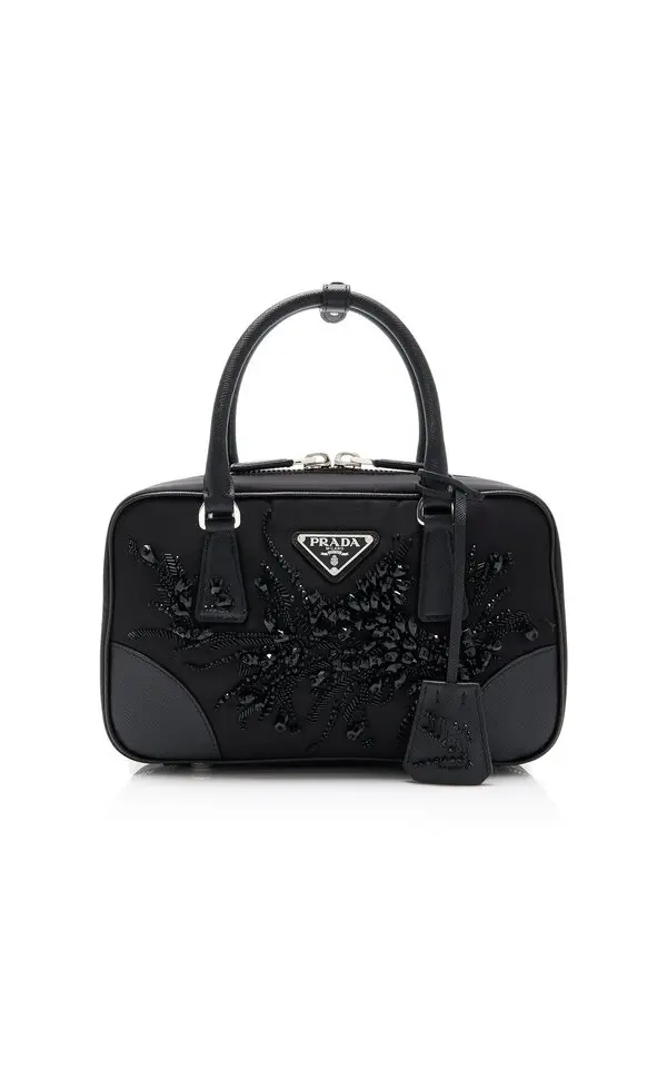 Prada Embroidered Nylon And Leather Top Handle Bag