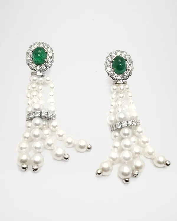 ANDREOLI 18k White Gold Diamond, Emerald, And Pearl Earrings