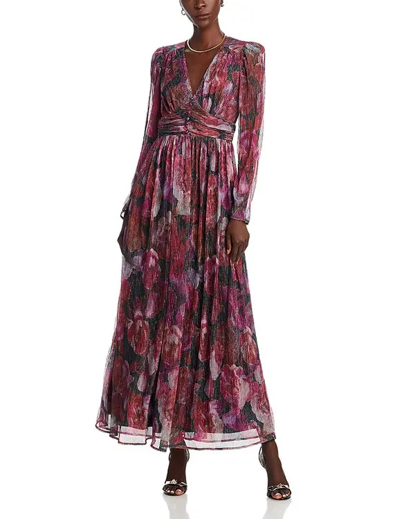Aqua Floral Crinkle Metallic Maxi Dress - Black/red