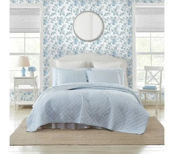 Laura Ashley Oxford Stripe Blue Twin Quilt Sham Set