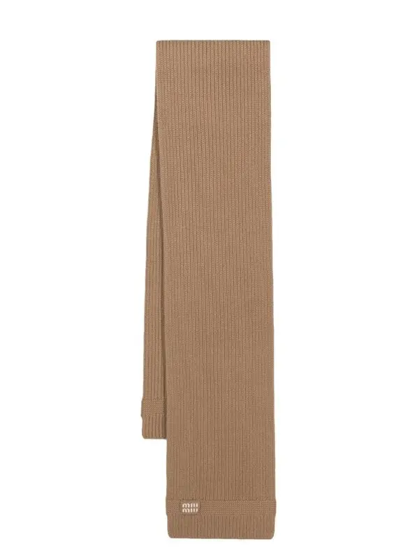 Miu Miu Logo-patch Virgin Wool-blend Scarf - Neutrals