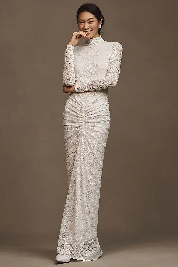 lace mermaid dresses Vintage Mermaid/Trumpet Square Neck Long Sleeves Ruched Lace Wedding D –  VOS LEE main image 1
