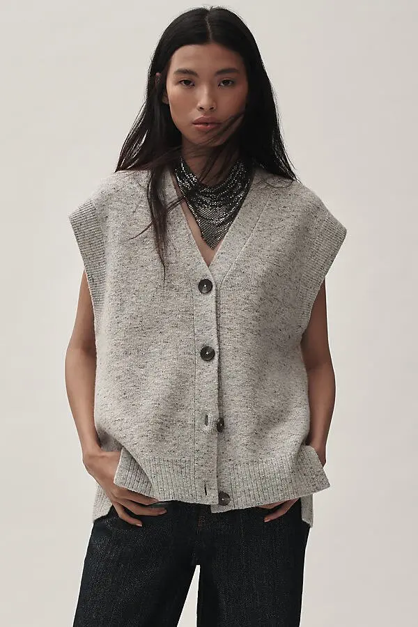 Anthropologie Button-front Sweater Vest - Grey Pattern