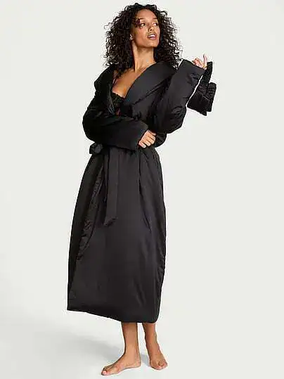 black silk dressing gown victoria's secret VICTORIAS SECRET Fashion Show 2024 Robe Black Satin Long Bling XL/ XXL NWT