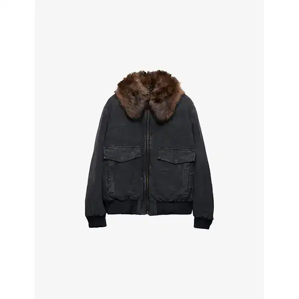 Prada Shearling-Collar Zip-Up Denim Blouson Jacket - Black