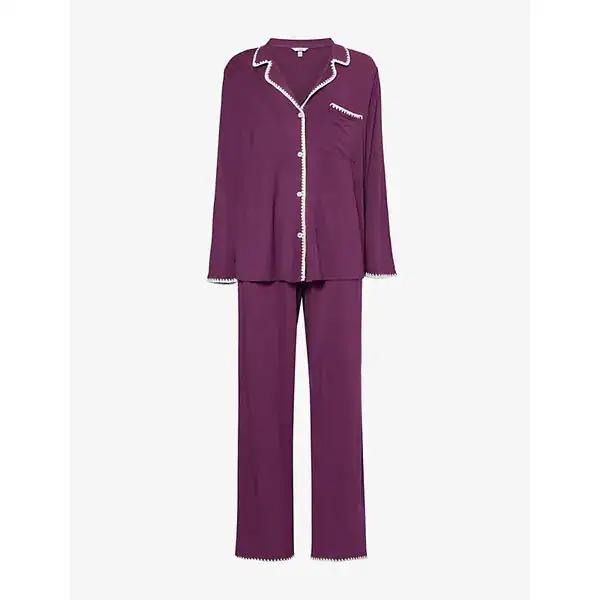 Eberjey Frida Embroidered-Trim Jersey Pyjama Set In Plum/Ivory