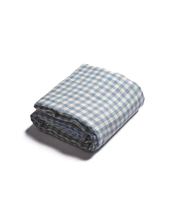 PIGLET IN BED Gingham Linen Flat Sheet - Warm Blue Gingham
