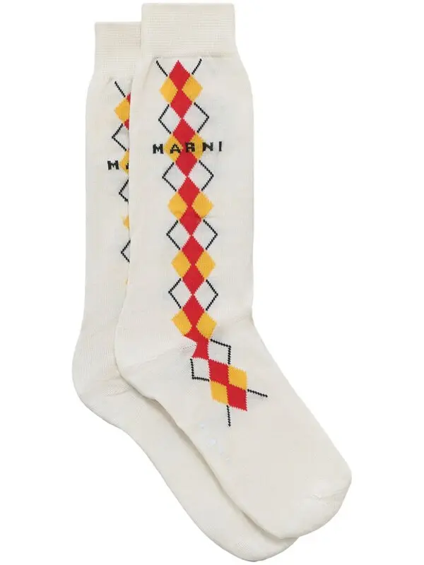 Marni Intarsia-knit Logo Socks - White