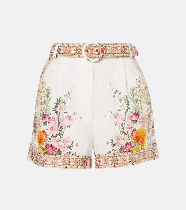 Camilla Floral High-rise Linen Shorts - White