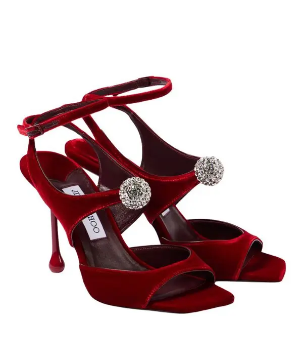 JIMMY CHOO Orb 95 Embellished Velvet Sandals - Red