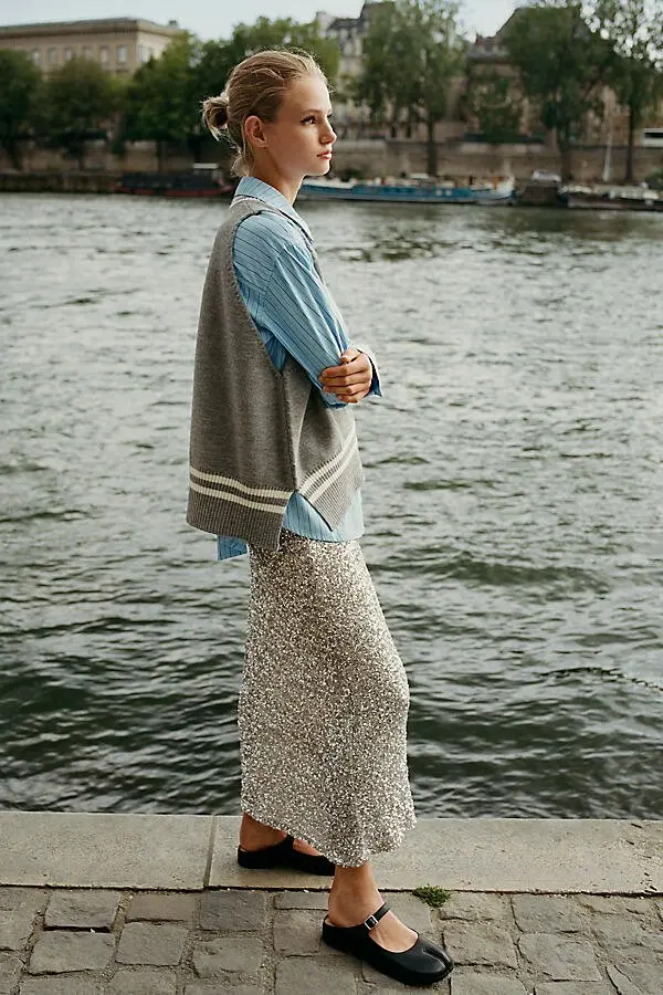 Anthropologie Tilda Maxi Slip Sequin Skirt - Silver