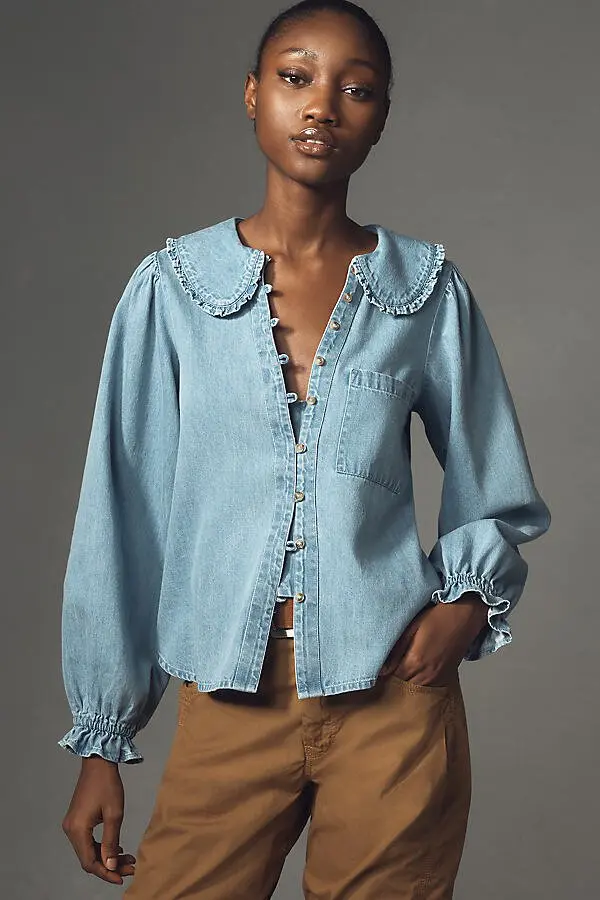 PILCRO Keira Light-denim Long-sleeve Blouse - Light Denim