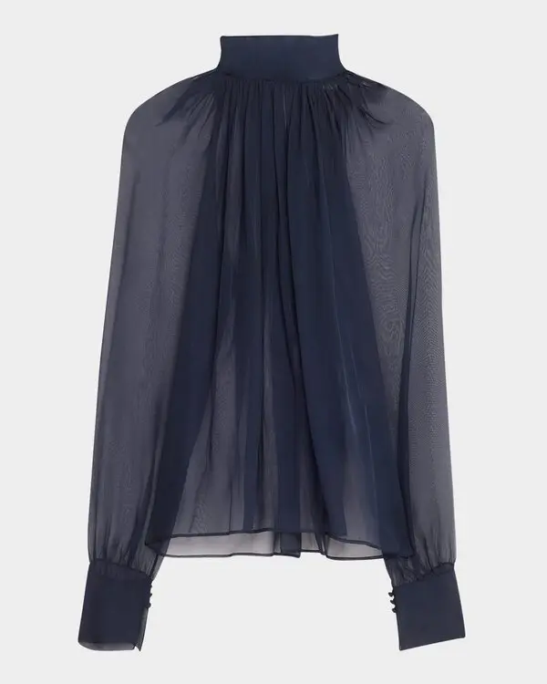 Saint Laurent Sheer Ruched High-neck Blouse - Midnight Blue
