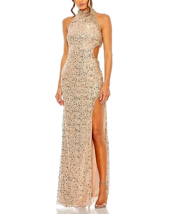 Mac Duggal Side Cut Out High Slit Sequin Gown - Rose Gold