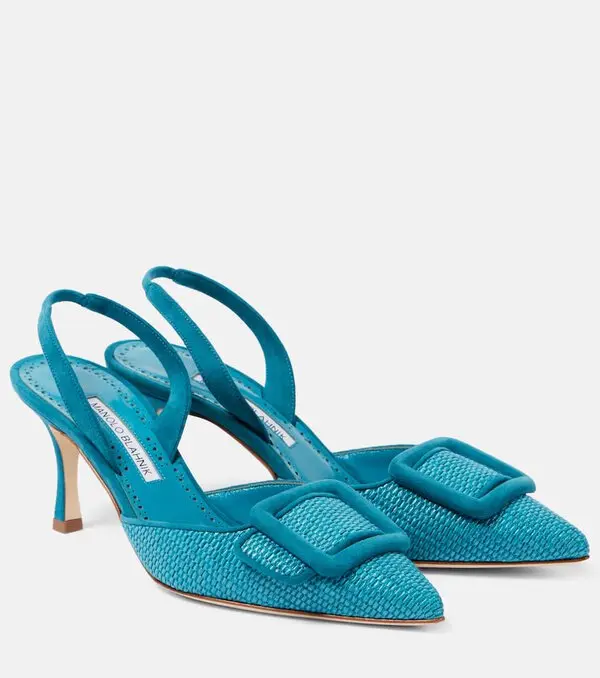 Manolo Blahnik Maysli 70 Raffia Slingback Pumps - Blue