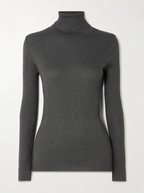 Brunello Cucinelli Ribbed Metallic Cashmere-blend Turtleneck Sweater - Dark Gray