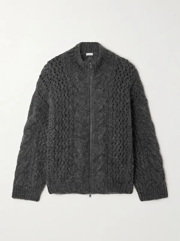 Brunello Cucinelli Open And Cable-knit Alpaca-blend Cardigan - Gray