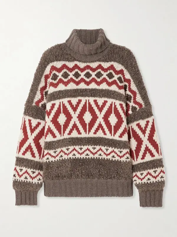 Brunello Cucinelli Paneled Jacquard-knit Turtleneck Sweater - Brown