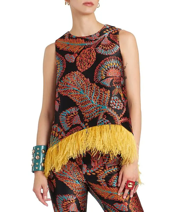 La DoubleJ La Scala Feather-trimmed Jacquard Top - Jacquard Sicomore Black