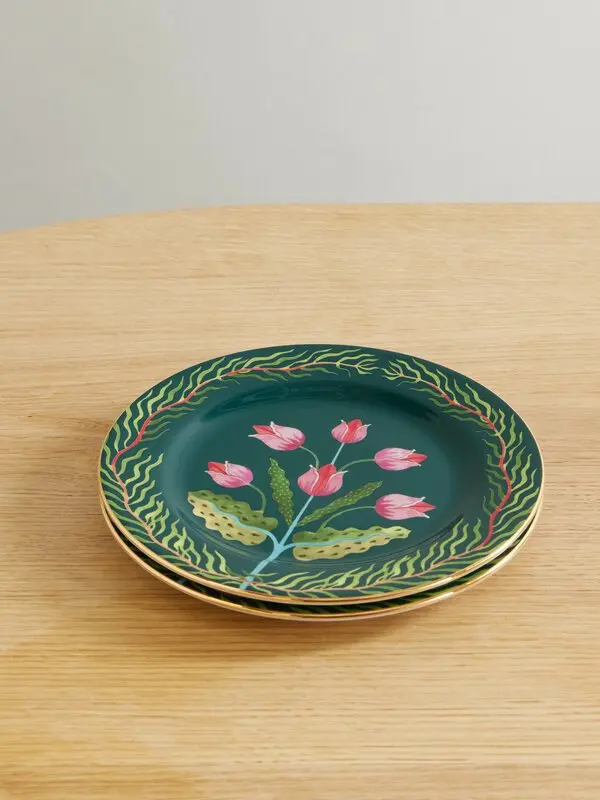 La DoubleJ Set Of Two Gold-plated Porcelain Dessert Plates - Green