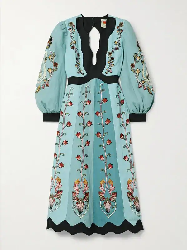 Farm Rio Open-Back Embroidered Linen Midi Dress In Blue - 40% Off |  Editorialist