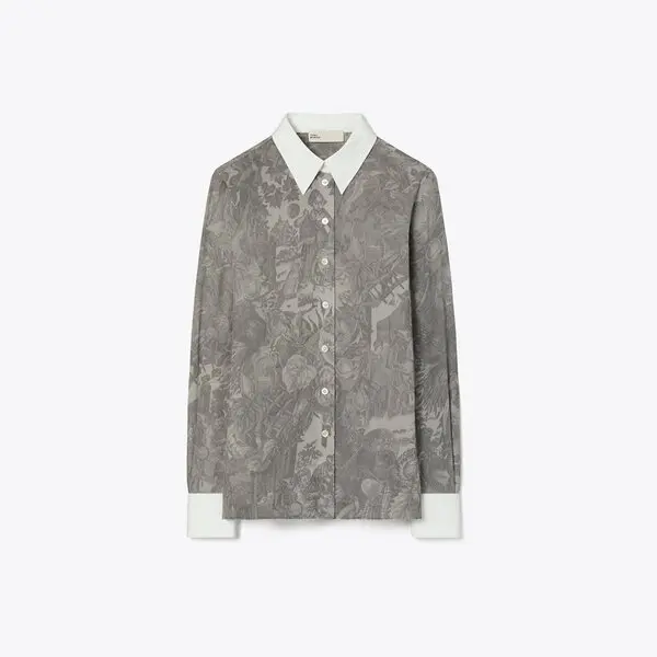 Tory Burch Printed Viscose Shirt - Light Gray Alien Toile