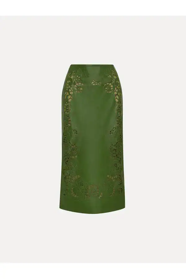 Oscar De La Renta Laser Cut Leather Pencil Skirt In Floral 50