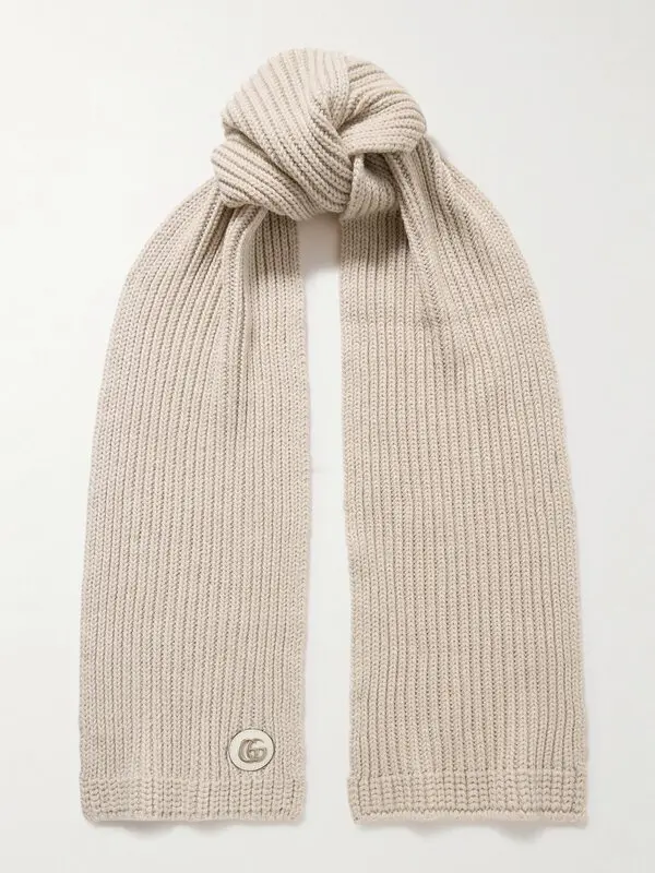 Gucci Appliquéd Leather-trimmed Ribbed Metallic Wool-blend Scarf