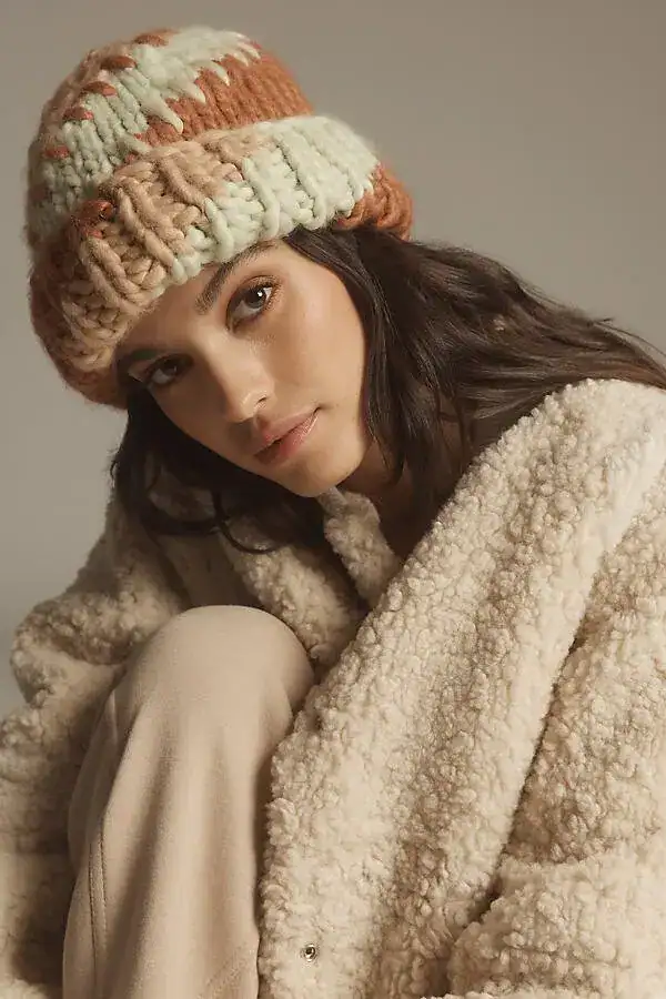 Anthropologie Cozy Chunky Knit Patchwork Beanie In  display picture 2