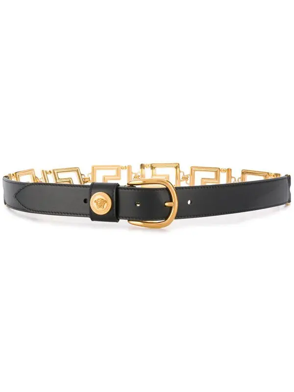 Versace Leather Belt With Greek Key Buckle