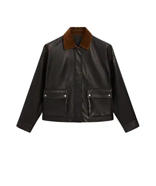 Massimo Dutti Nappa Leather Jacket With Corduroy Collar - Black