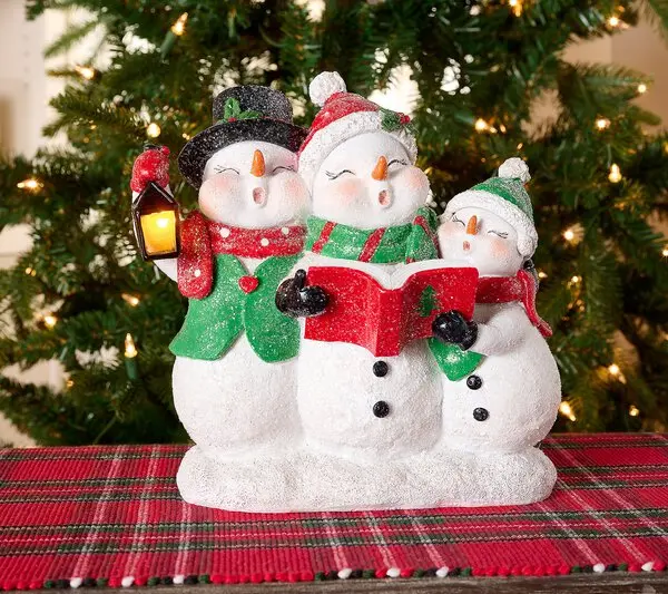VALERIE PARR HILL Singing Snowman Family With Illuminated Lantern Valerie