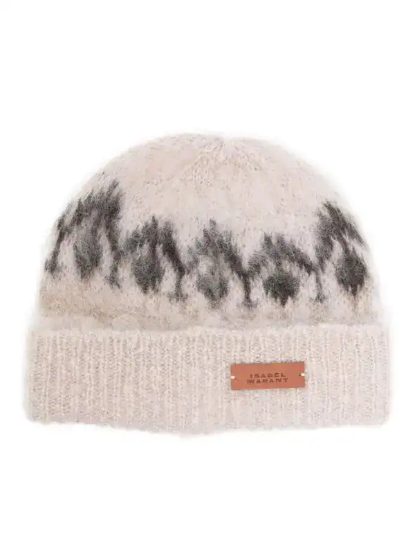 Isabel Marant Beige Ribbed Knit Beanie with Logo Patch ISABEL MARANT Logo Ribbed Beanie Hat | endource main image 4