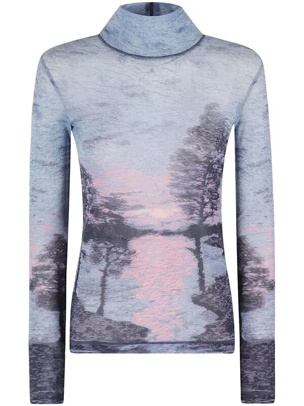 Maison Kitsuné Landscape-print Mesh High-neck Top - Grey